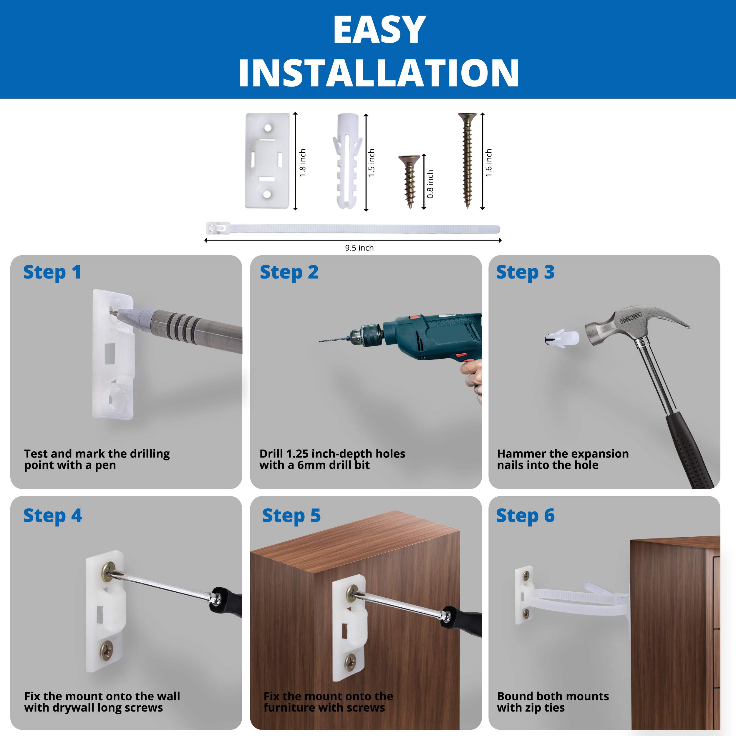10 Pack Furniture Wall Anchor Straps for Baby Proofing | Heavy Duty Anti Tip Kit - Nylon 6T Material with Brackets