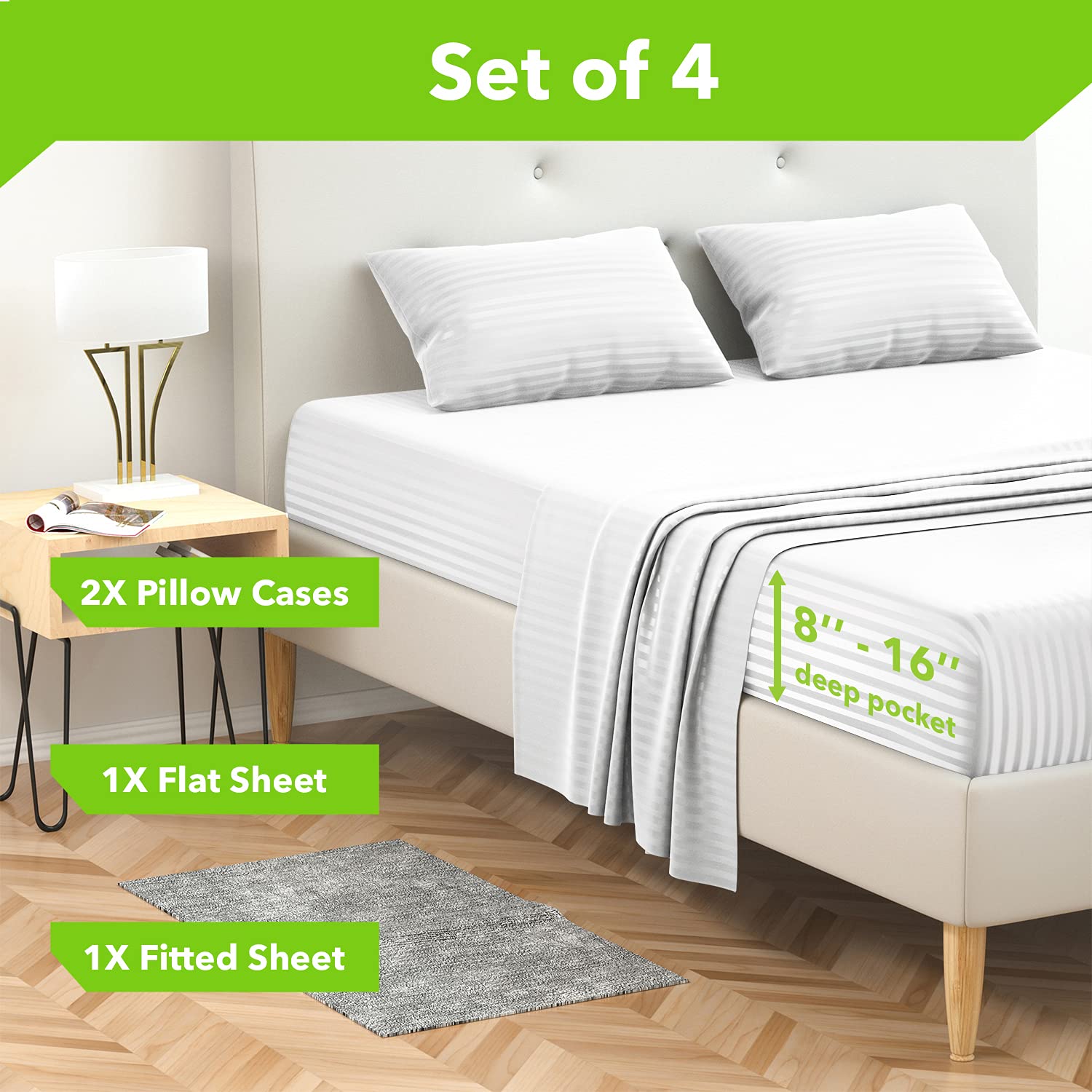 100% Cotton Bed Sheets - 4 Piece Bedding Sheets & Pillowcases - 500 Thread Count Sateen Weave Damask Striped Sheet Set with Deep Pocket up to 16 inch Mattress