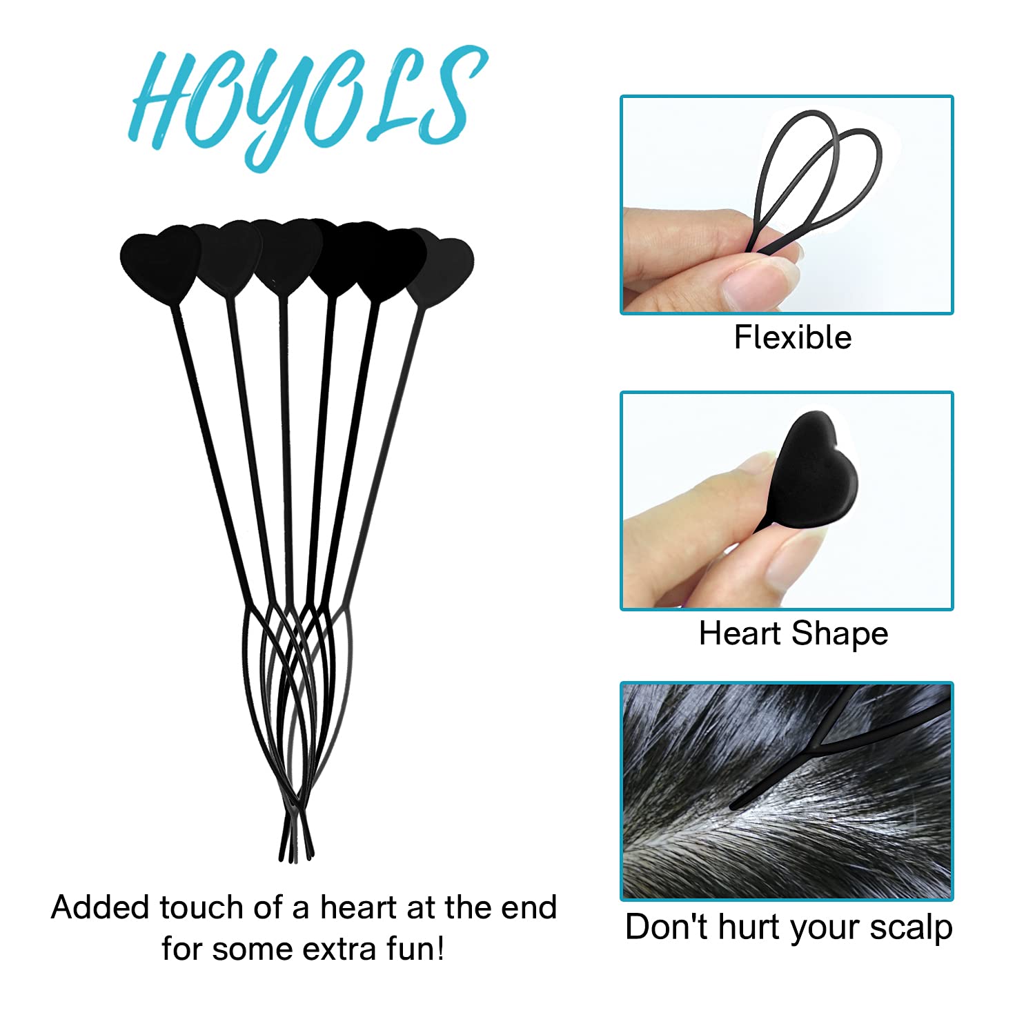 Hoyols 12pcs Quick Topsy Tail Hair Beader for Braiding Beads on Braids, Loop Threader and Braider for Kids Girls, Ponytail Hair Styling Maker Set of 12 - Black