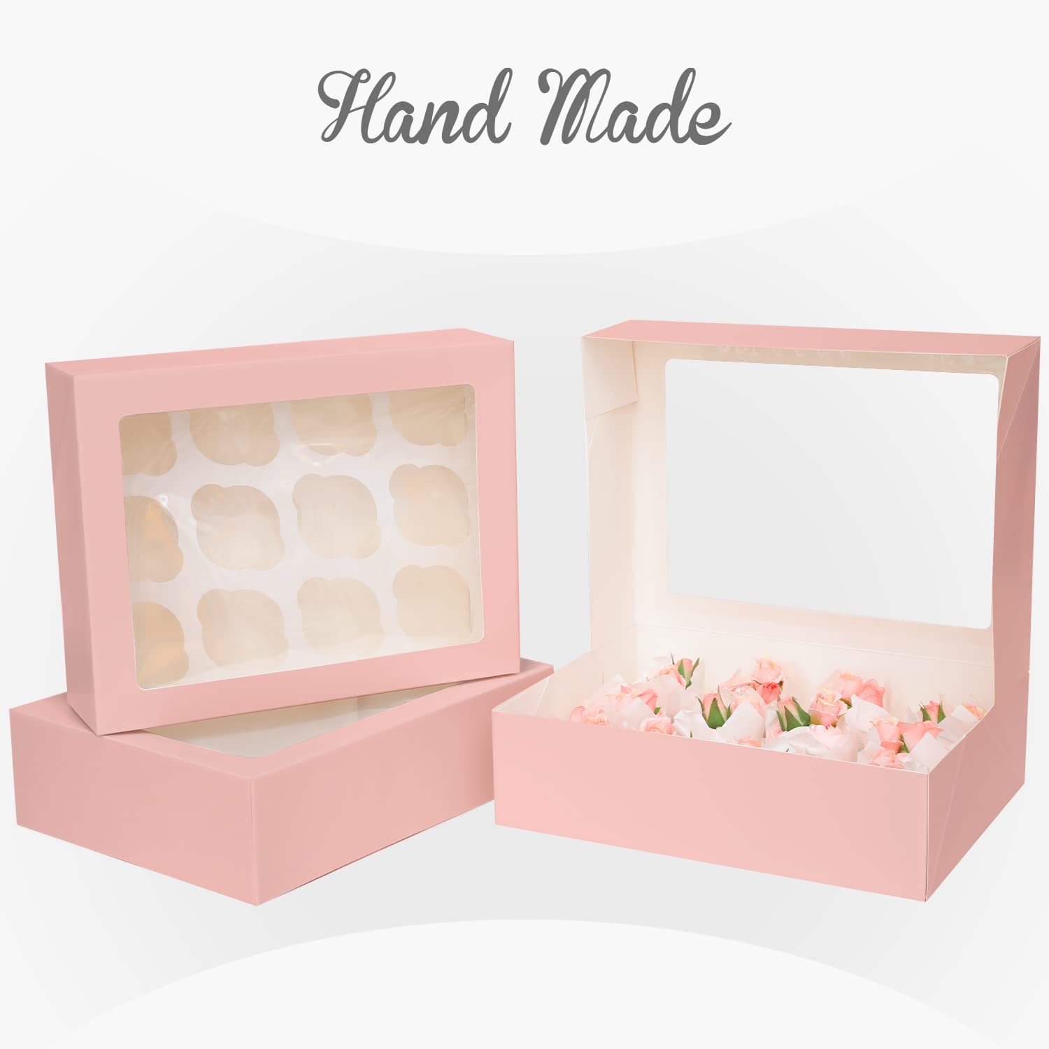12 Cupcake Containers 10-Packs Pink Cupcake Box Cupcakes Carrier, 12 Cupcake Boxes with Window 13"x10"x3.5"(Auto-pop up)