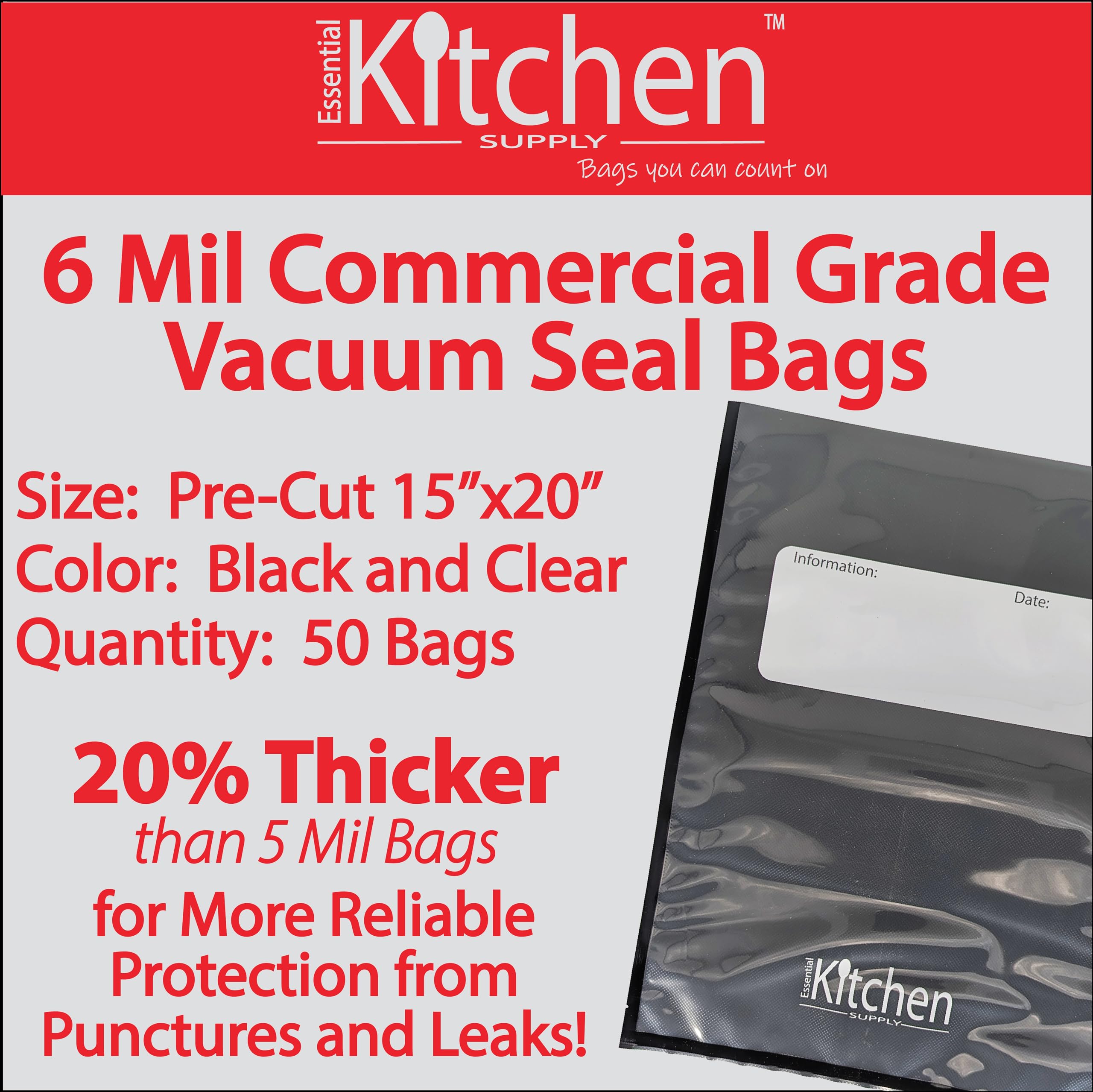 15" x 20" 6 Mil Black and Clear Vacuum Seal Bags | Essential Kitchen Supply (50 Count)