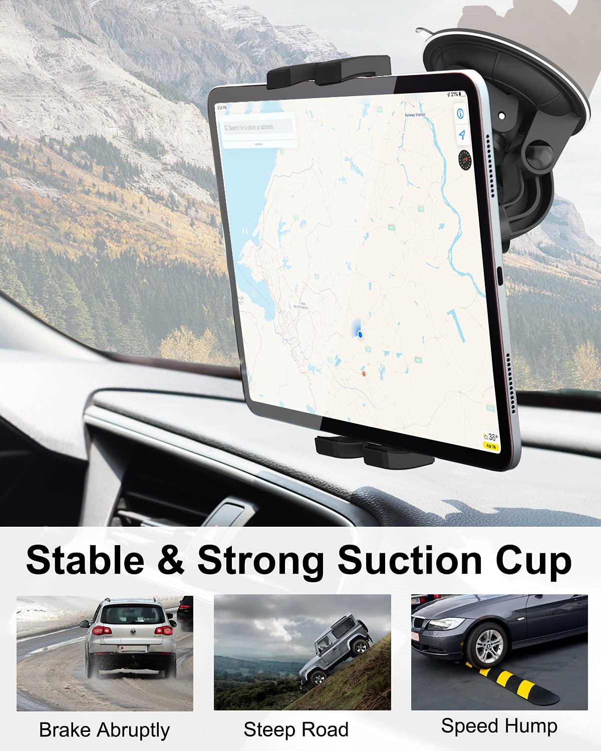 Aozcu Windshield Car Tablet Mount, Window Dashboard Tablet Holder, 95mm Powerful Suction Mount with 1/4'' Screw Tip for iPad Pro 11/ Air/Mini, Galaxy Tabs, More 4-13'' Phone & Tablets, and Camera