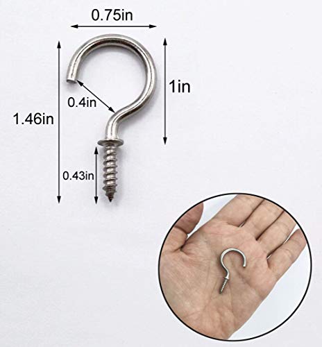 IDEALSV 60 Pcs (304) Stainless Steel Screw Ceiling Hooks 1 Inch Cup Hook Screw-in Light Hooks