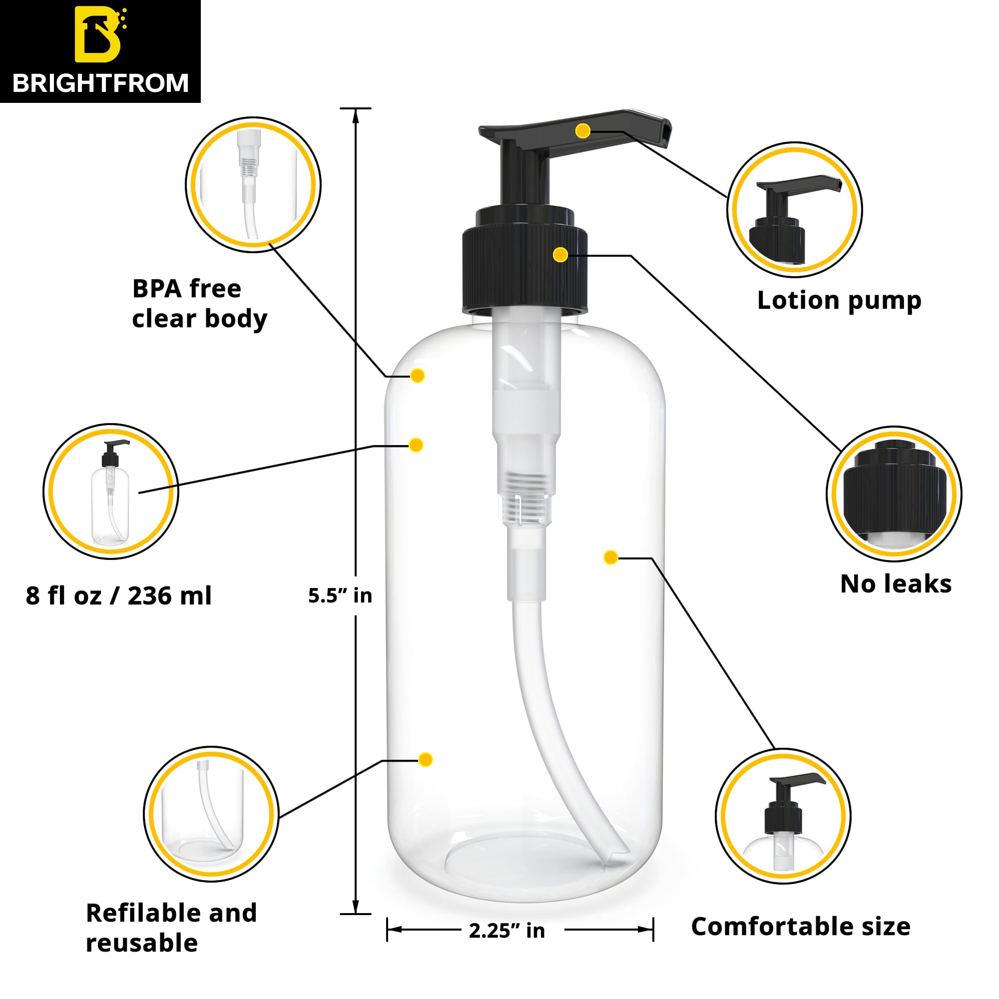BRIGHTFROM Empty Lotion Pump Bottles 8 Oz, Refillable Plastic Containers, BPA-Free PETE1, Clear, Great for - Soap, Shampoo, Lotions, Liquid Body Soap, Creams and Massage Oil's (Pack of 2, Black)