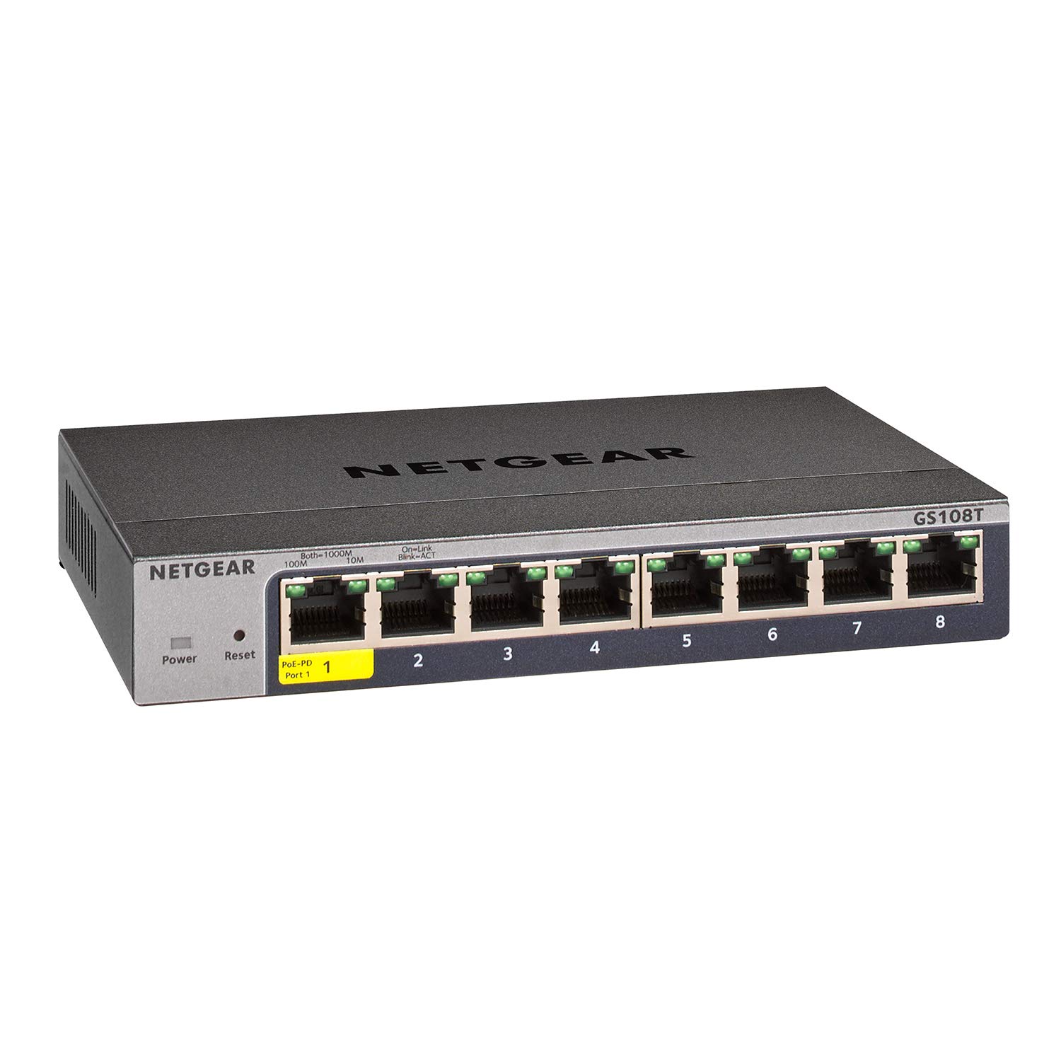 NETGEAR 8-Port Gigabit Ethernet Smart Switch (GS108T) - Managed, with 1 x PD Port, Optional Insight Cloud Management, Desktop or Wall Mount, Silent Operation, and Limited Lifetime Protection