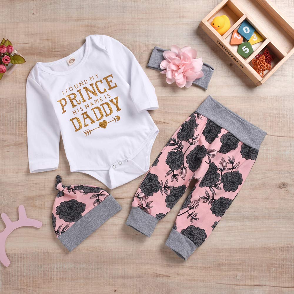 4Pcs Infant Baby Girls Arrow Letters Romper Top+Long Floral Pant Leggings+Warm Hat+Headhand Bodysuit (0-3 Months, White&Floral)