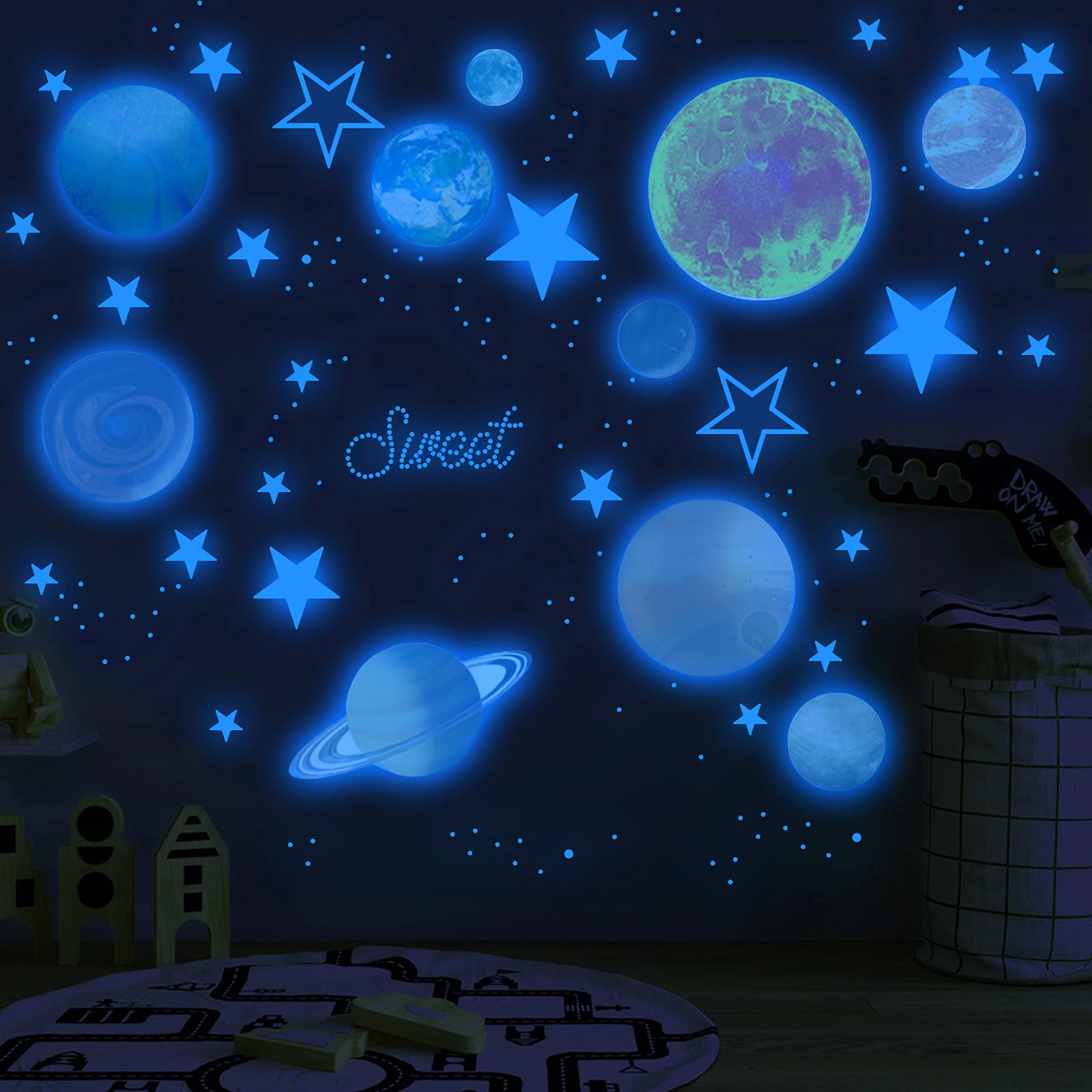 Blue Glow in The Dark Solar System Wall Decals,158 pcs Ceiling Light Stars and Moon Decoration, Planet Decor for Kids Boys Bedroom, Starry Sky Stickers for Nursery