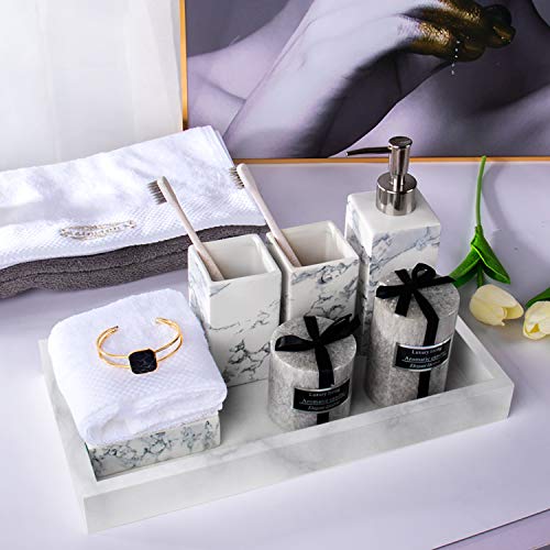 PLYFUNS Vanity Tray, Mini Bathroom Kitchen Resin Vanity Tray Cosmetic Organizer Jewelry Ring Dish Holder for Towel/Plant/Jewelry - White Marble