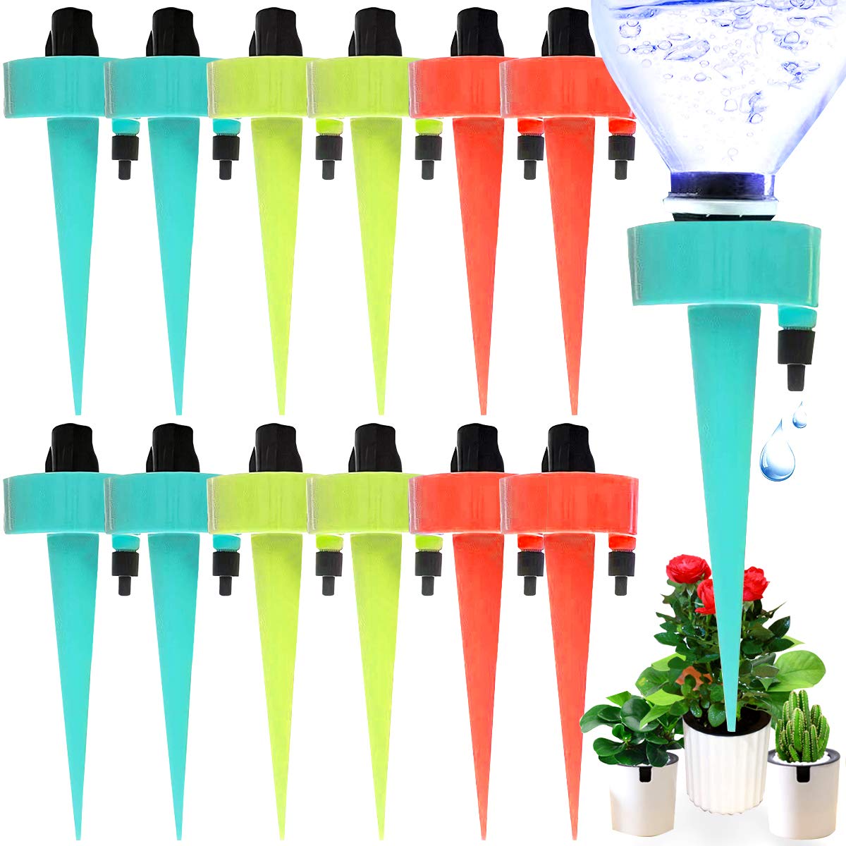 ENIVING 12PCS Automatic Watering Device, Plant Self Watering Spikes With Slow Release Control Valve Switch Plant System Adjustable Water Volume Drip System for Vegetable Gardens, Lawn,Flower Beds