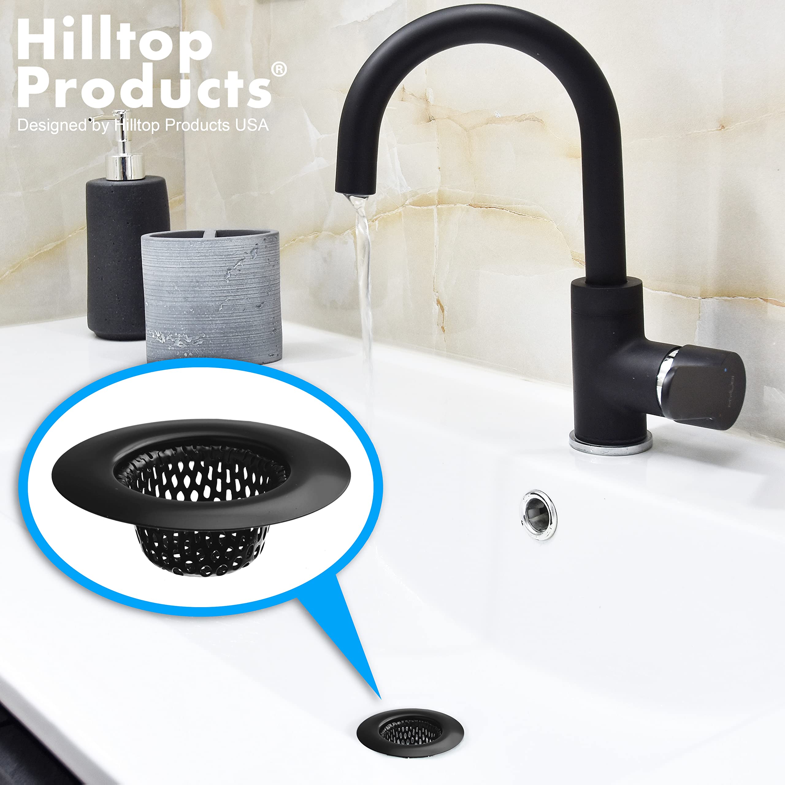 2 Pack - 2.25" Top / 1" Basket- Black Sink Strainer Bathroom Sink, Utility, Slop, Laundry, RV and Lavatory Sink Drain Strainer Hair Catcher. Stainless Steel with Black Electroplated Coating