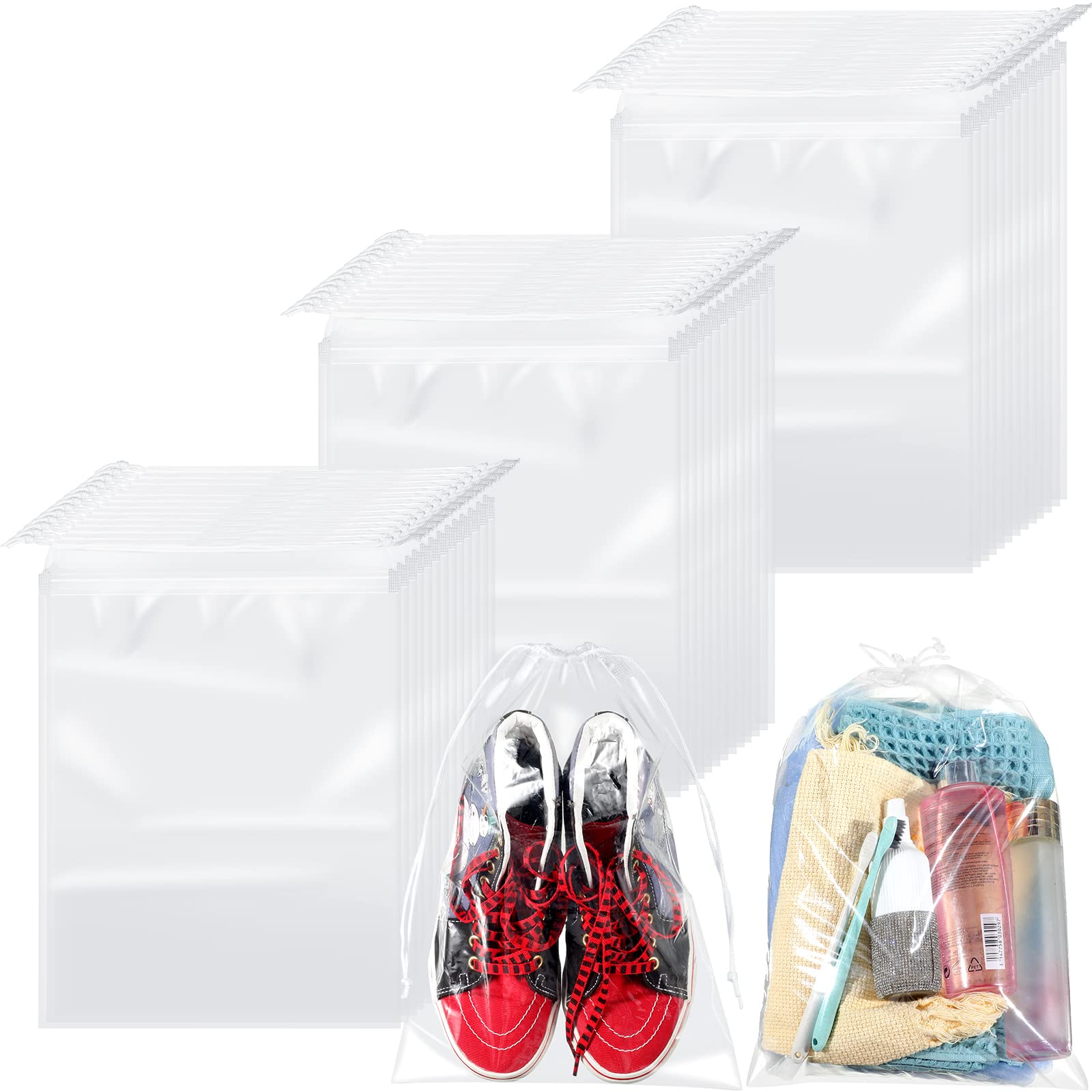 100 Pieces Shoe Bags for Travel, 12 x 16 Inch Large Clear Travel Shoe Bag Packing Drawstring Bags 4.72 Mil Thickness Plastic Waterproof Portable Shoe Bags Organizer Pouch with Rope for Men and Women