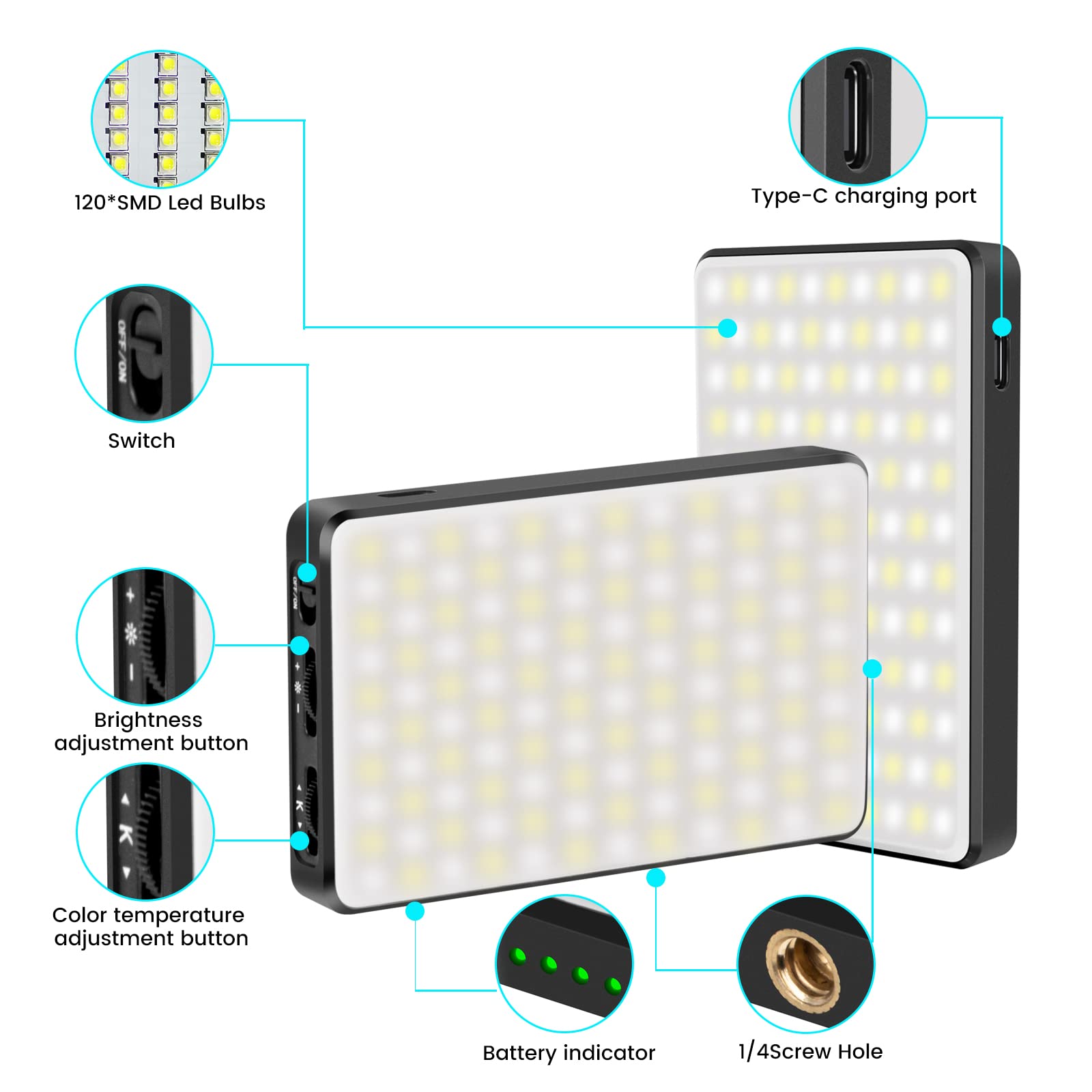 120 LED Selfie Light Phone Light, 5000Mah Rechargeable Clip Video Light, Adjusted 3 Light Modes, for Phone, Camera, Laptop, iPad, Light for Selfie, Video Conference, TikTok, Vlog