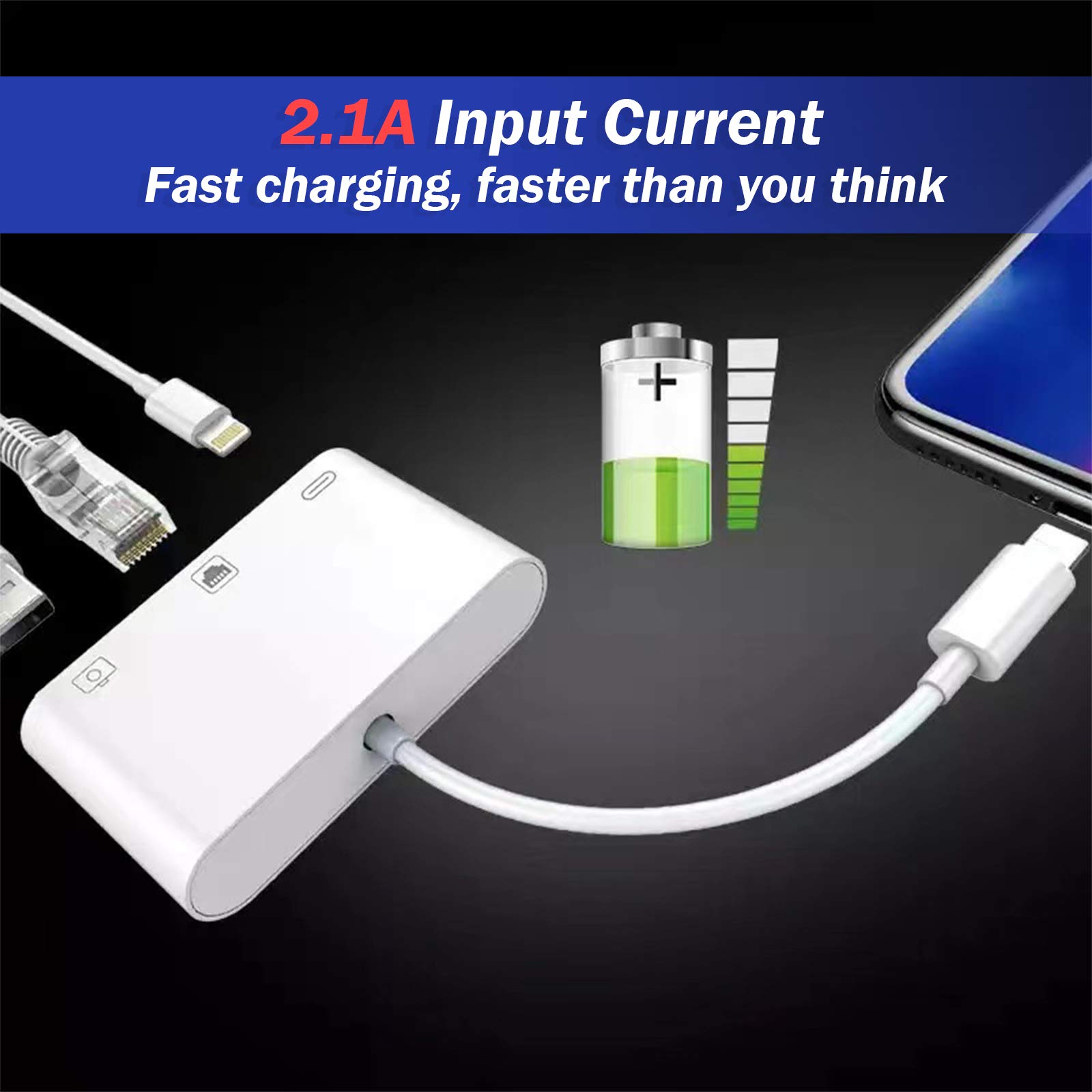 Ddida 3 in 1 Gigabit Ethernet Adapter with USB 3.0 OTG for Fast File Transfer, Compatible with iOS Devices