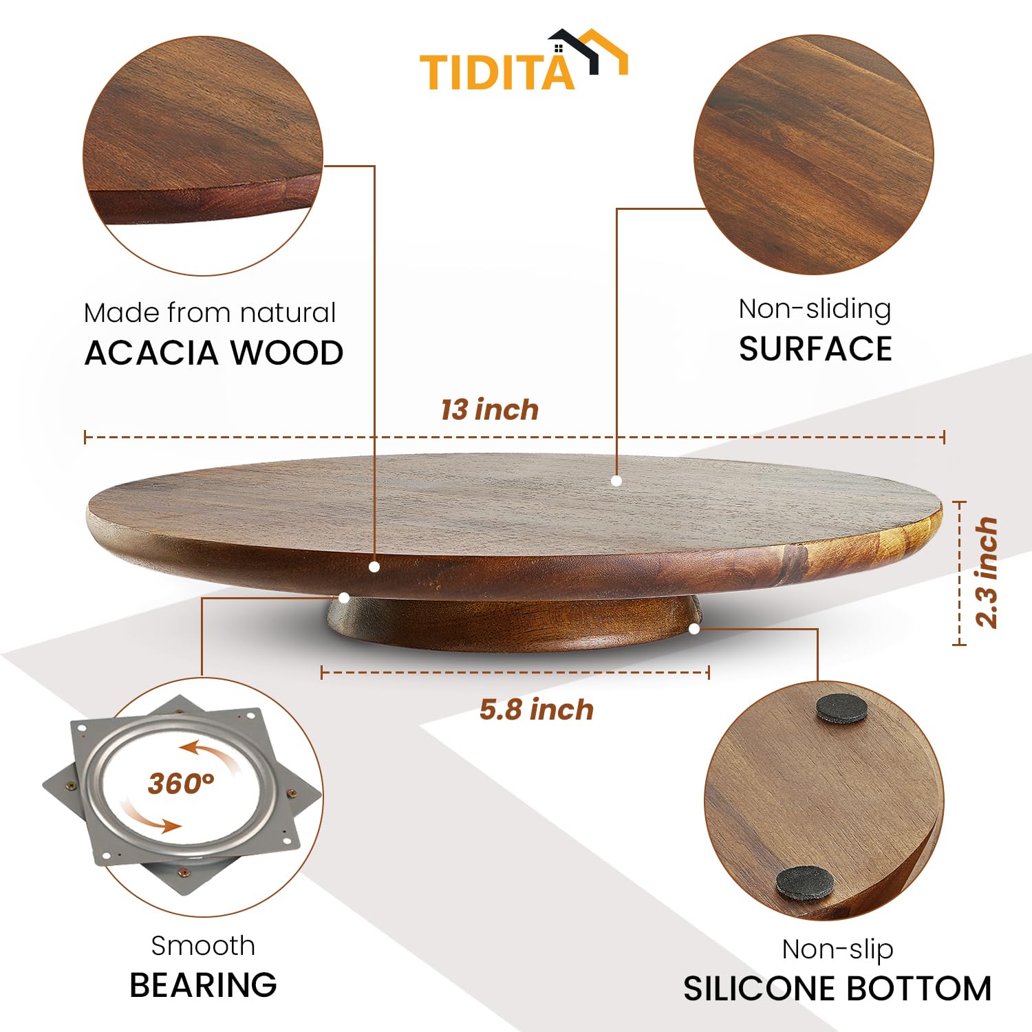 13" Acacia Cake Stand Rotating β Rustic Wood Pedestal Stands Turntable with 2 Icing Spatulas, 3 Smoothers β Wooden Spinning Cake Decorating Serving for Cupcake Dessert Display in Party, Wedding