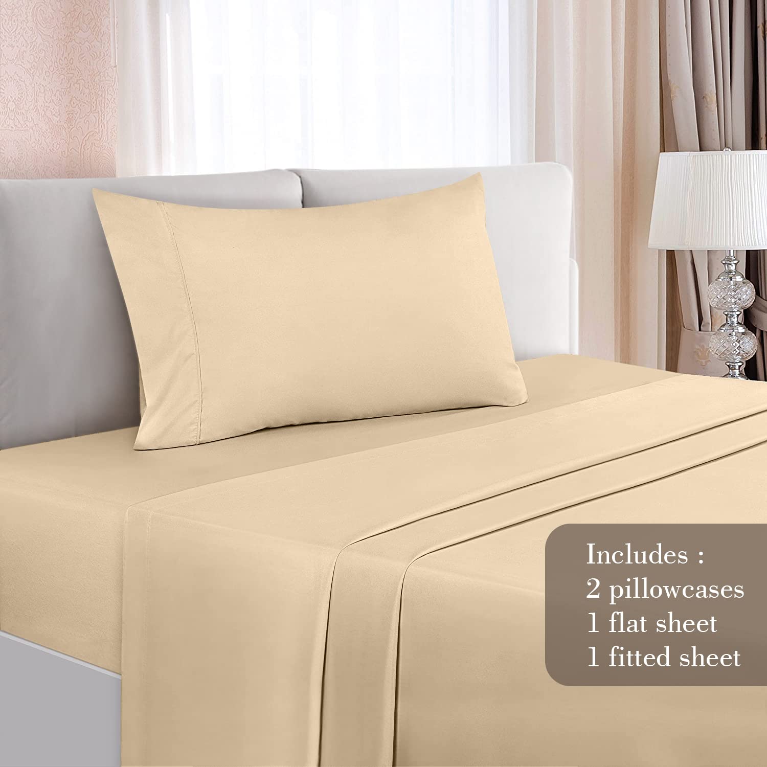 100% Cotton Super Soft Bed Sheets Set, Apricot 4 Pcs Queen Size Sheet Set for 16" Deep Pockets, High Density, Breathable, Fade Resistant & Machine Washable Best Bedding Sheets & Pillowcases Sets