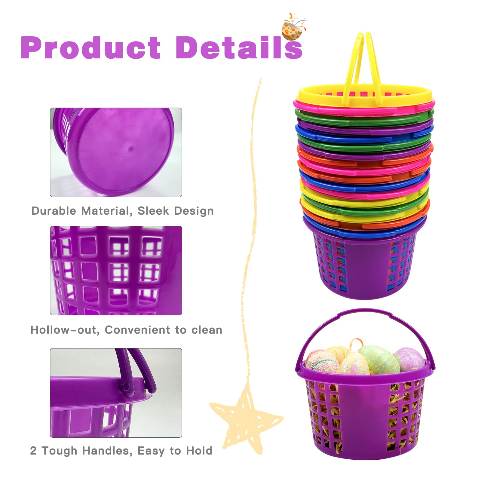 18 + 18 Pack Easter Plastic Baskets for Kids with 180g Paper Shred Easter Grass, Round Gift Basket Bulk for Easter Party Egg Hunts, Theme Party Favors Decorations