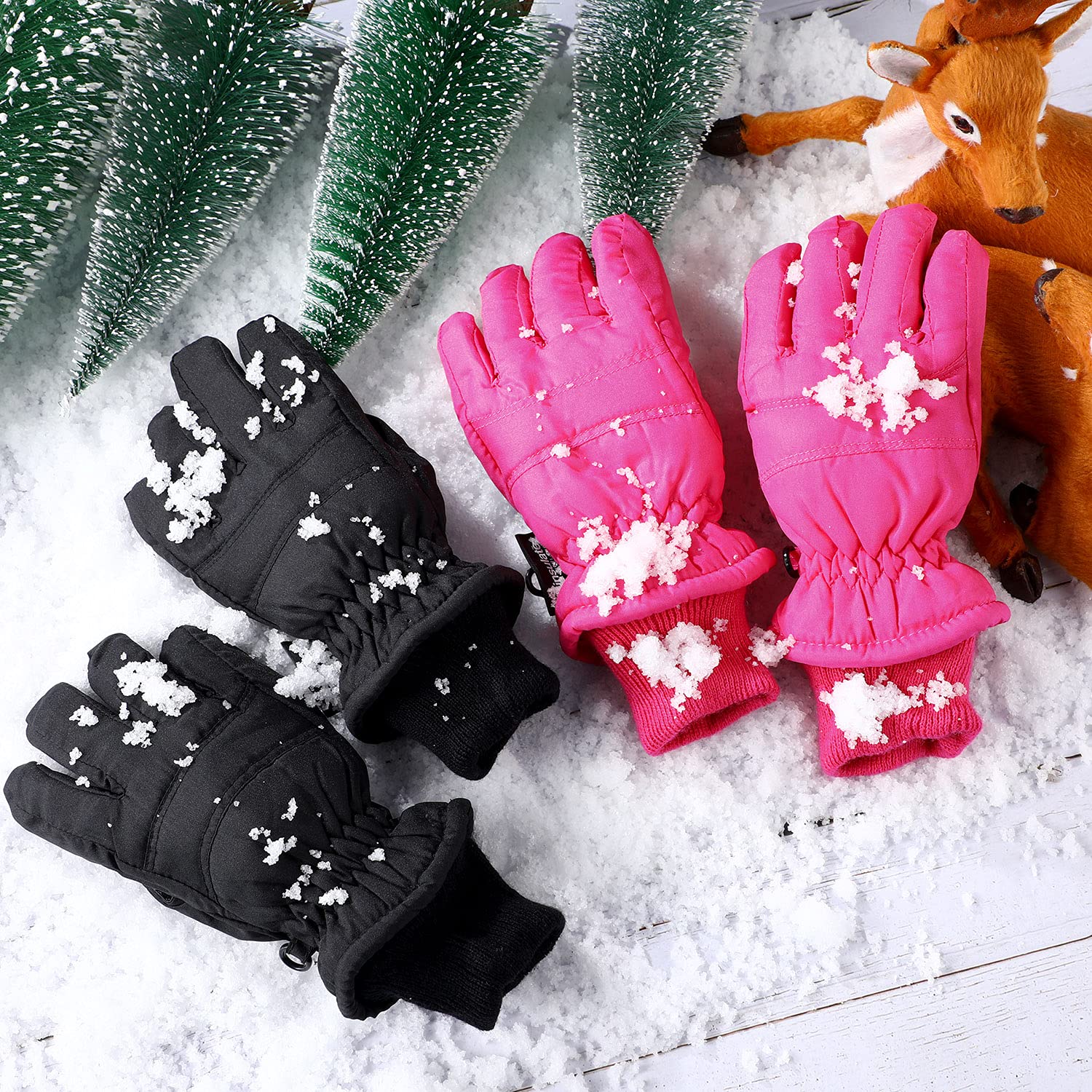 2 Pairs Kids Winter Ski Gloves Waterproof Warm Snow Mittens Full Finger Gloves for Toddlers Infants (Black, Rose Red, 3-6 Years)