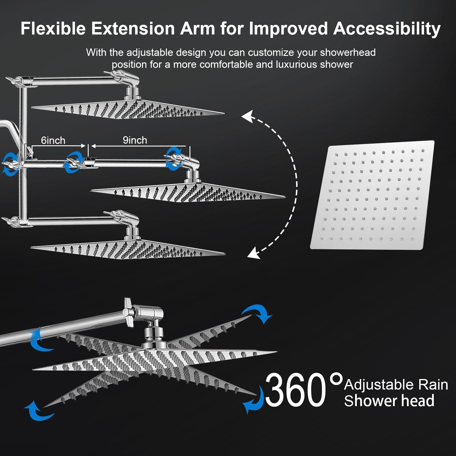 12 Inch Rainfall Shower Head with Handheld Combo, THE FIRST WATERFALL handheld mode Rain Shower Head, Fullbody Showerhead with 15 Inch Adjustable Extension Arm, 6 Setting Spray Modes， Stainless Steel