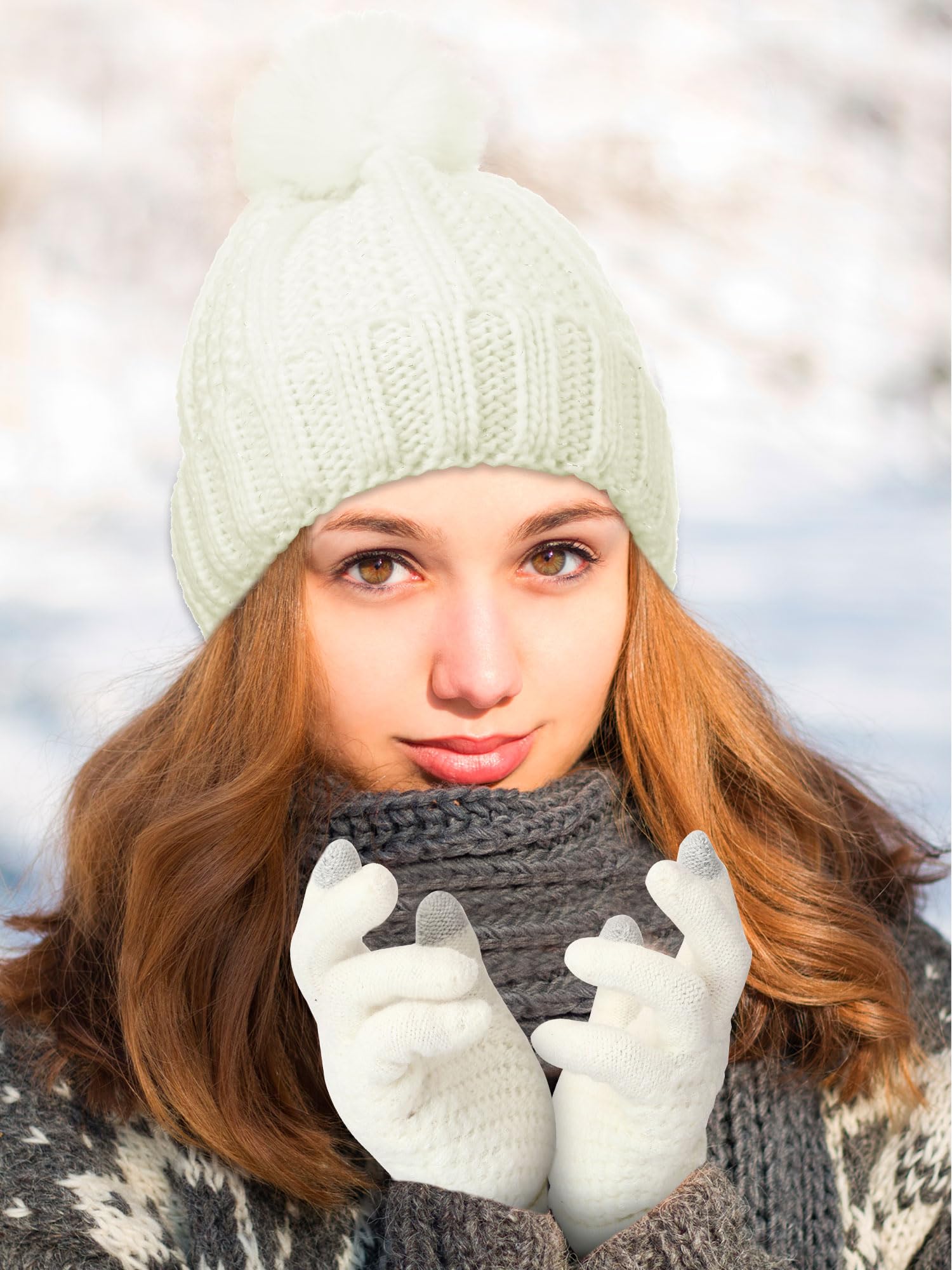 12 Pcs Winter Beanie Hat Scarf Touchscreen Gloves Set Fleece Lined Knit Beanie Hat Neck Warmer Scarf for Men Women (Black, White, Beige, Gray)