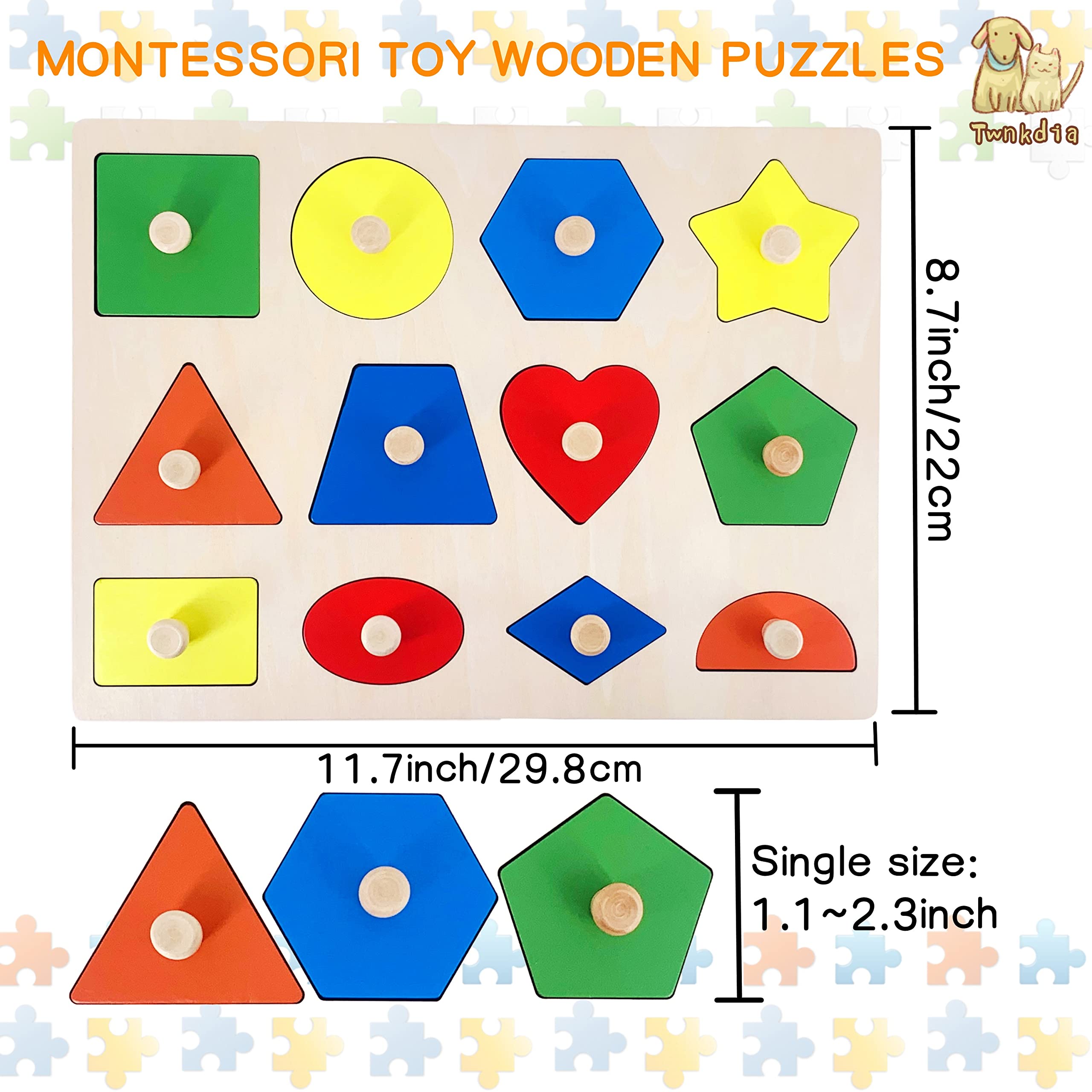 12 Block Montessori Toys,Shape Puzzles, Wooden Baby Puzzles for 1+ Year Old Toddlers or 1-3 Years Babies