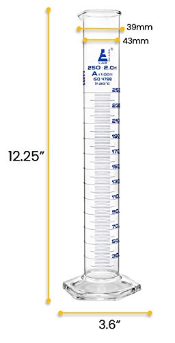 EISCO Graduated Cylinder, 250ml - Class A Tolerance ±1.00ml - Hexagonal Base - Blue Graduations - Borosilicate 3.3 Glass