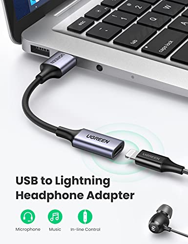 UGREEN USB A to Lightning Audio Adapter Cable MFi Certified Nylon Braided USB 3.0 Male to Lightning Female Dongle Converter Support Volume Control Mic Compatible with MacBook Computer PC Headphone