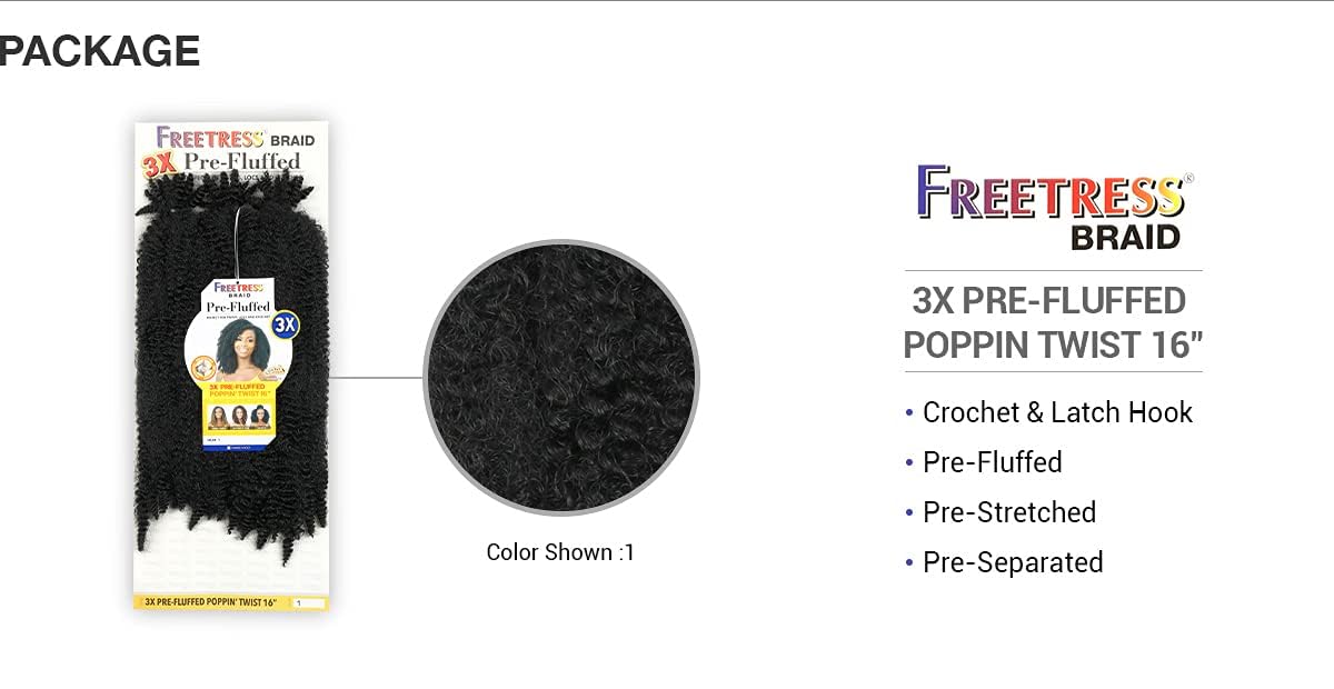 Shake N GO FreeTress Crochet Braids 3X Pre-Fluffed Poppin Twist 16 Inch (1-pack, 1B)