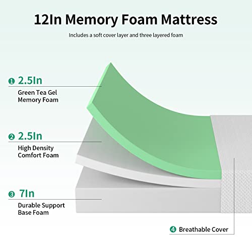 12 Inch Green Tea Memory Foam Mattress,Bed-in-a-Box Medium Firm Mattress CertiPUR-US Certified Breathable Bed Mattress for Cooler Sleep Supportive & Pressure Relief,Queen