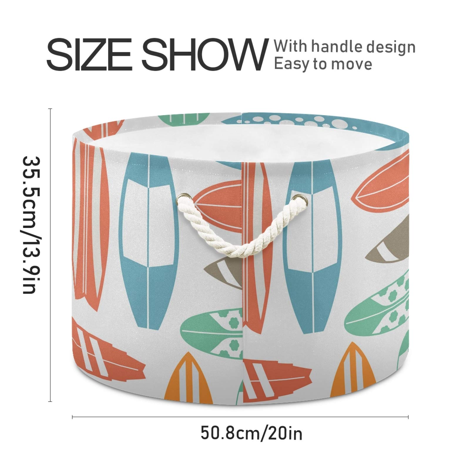 Oyihfvs Sea Surfing Surfboards in Retro Colors Round Storage Basket Bin, Waterproof Laundry Hamper, Large Collapsible Bucket, Baby Nursery Organizer with Handles for Bathroom Toys Clothes