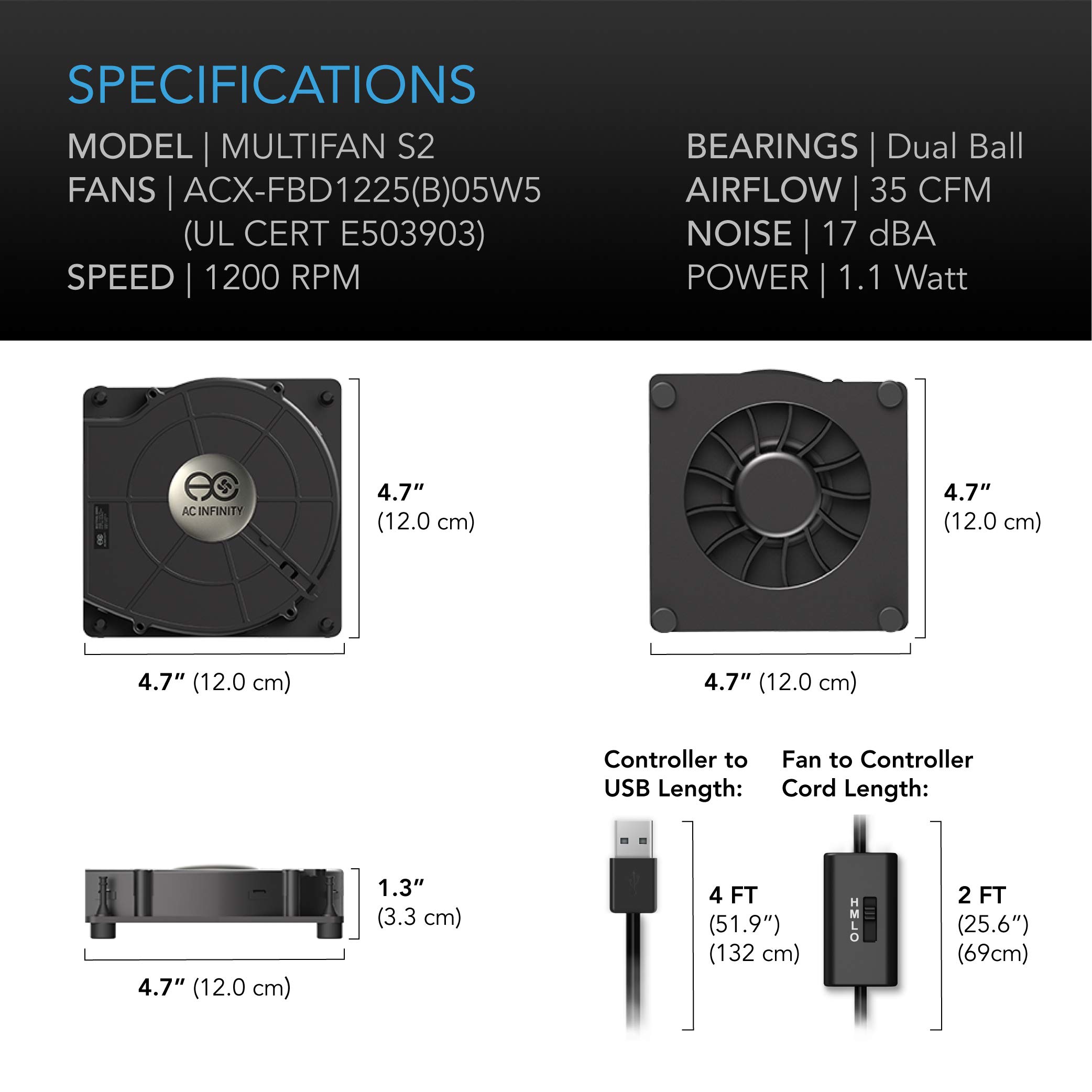 AC Infinity MULTIFAN S2, Quiet 120mm USB Blower Fan with Speed Control, UL-Certified for Receiver DVR Xbox Modem AV Cabinet Cooling