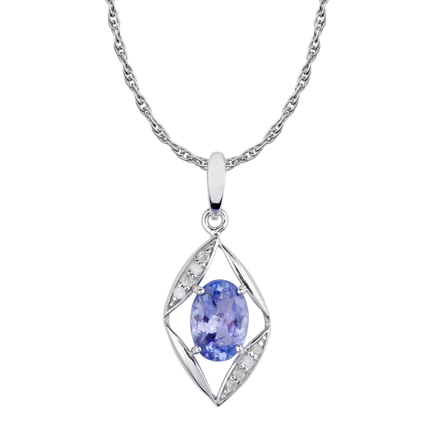 10k White Gold Genuine Oval Tanzanite and Diamond Pendant Necklace