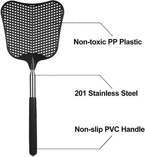 12 Pieces Telescopic Fly Swatter Extendable Plastic Flyswatter Manual Fly Swatter with Stainless Steel Retractable Pole for Indoor Outdoor Home and Office, Black