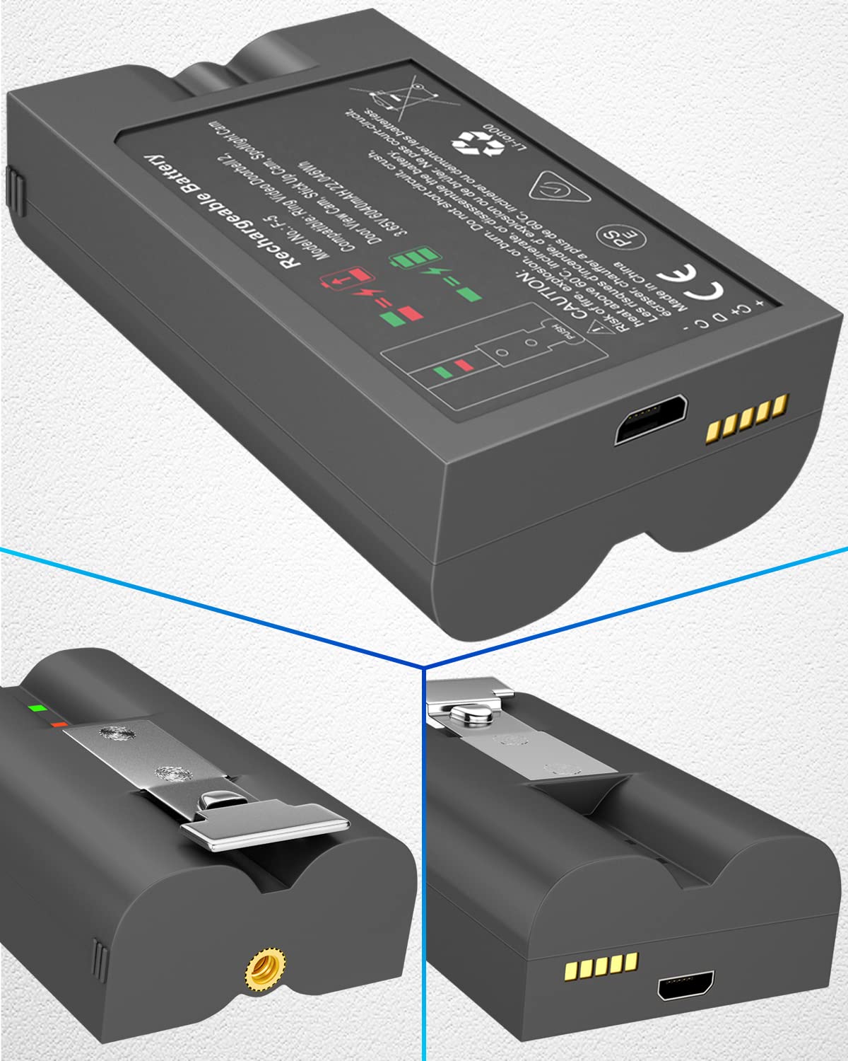 1-Pack Rechargeable Battery Compatible with Ring, for Video Doorbell 2/3/3Plus/4, Spotlight Cam Battery, 3.65V 6040mAh Replacement Lithium-Ion Battery