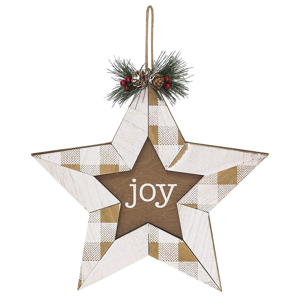 12 Inch Wood Hygge Christmas Decoration Hanging Star Sign Wall Art with Words (Joy)