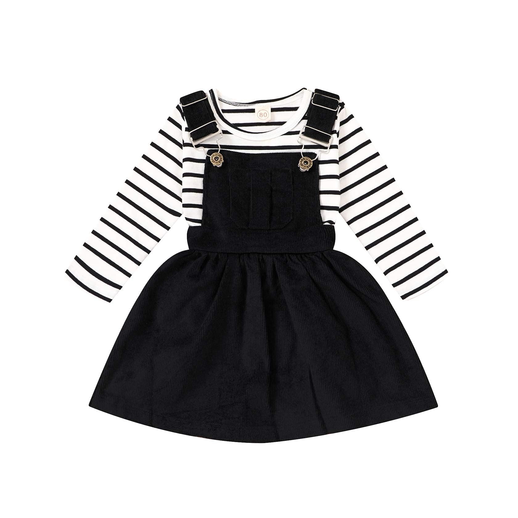 YOUNGER TREE Toddler Baby Girl Fall Outfit Long Sleeve Stripe T-shirt and Strap Dress Overall with One Pocket Clothes Sets (Black, 18-24 Months)