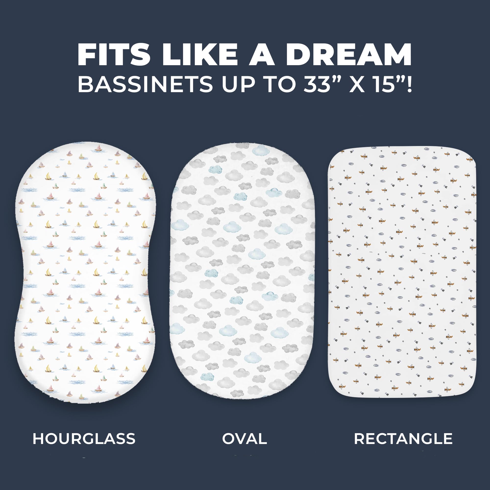 100% Organic Cotton Bassinet Sheets (4-Pack) - GOTS Certified - Bassinet Bedding for Standard Size Oval & Rectangular Mattress - Breathable Percale Weave Softens with Each Wash - 33" L x 15" W