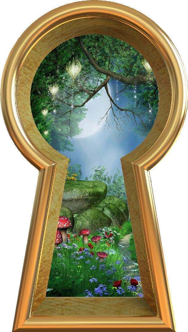 36" Keyhole 3D Window Wall Decal Enchanted Lantern Forest Wonderland Kids Room Decor Fantasy Mushroom Fairy Tale Removable Vinyl Wall Sticker - 36" Tall x 20.4" Wide