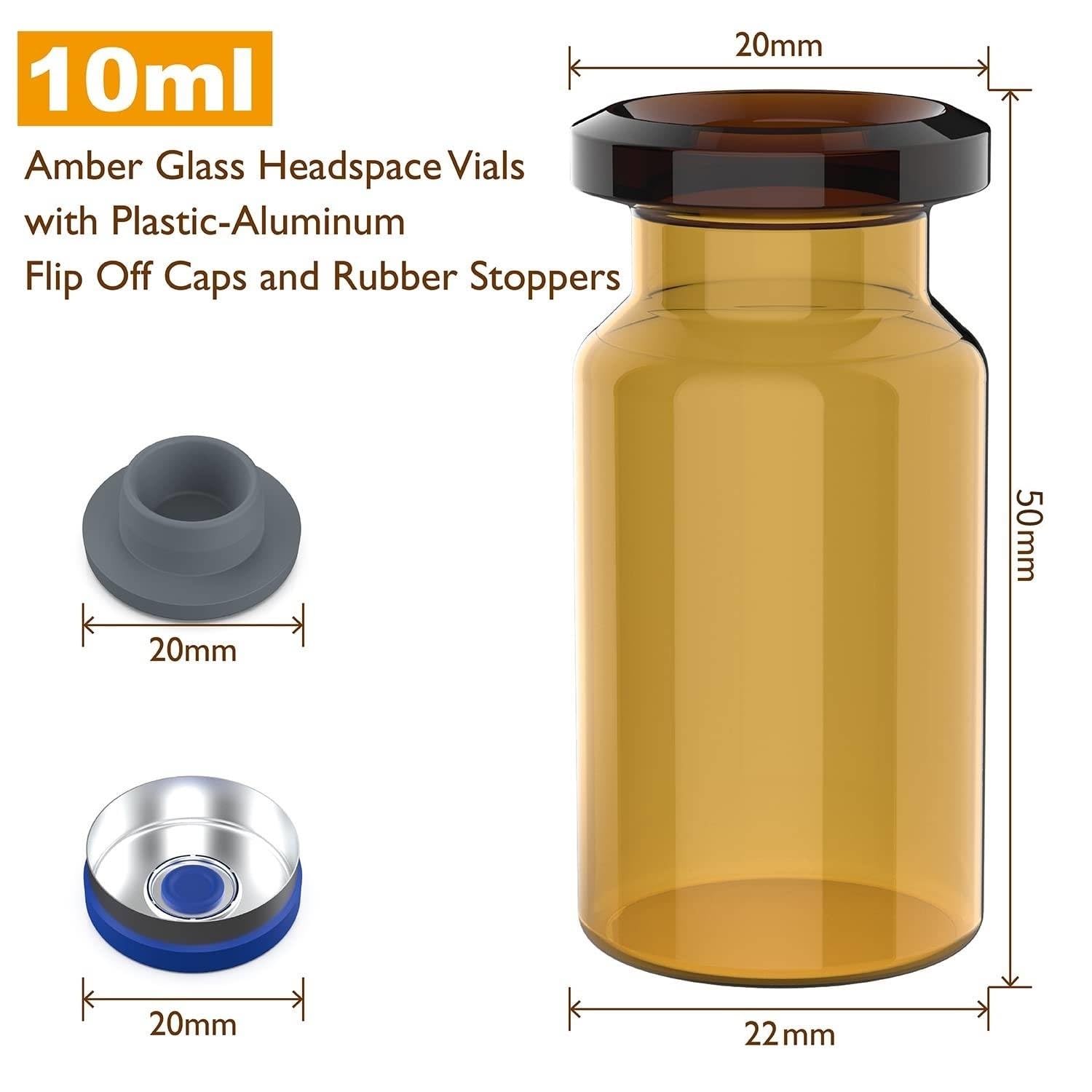 100 Pack 10ml Glass Vials, Clear Glass Headspace Vials with Plastic-Aluminum Flip Off Caps and Rubber Stoppers, 20mm Transparent Flat Bottom Lab Crimp Top Vial for Injection