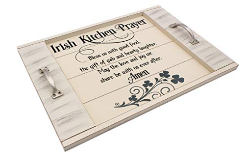 Irish Blessing Kitchen Prayer Serving Tray with slatted Wood Look 18"x12" with Silver Finish Metal Handles Irish Shamrock Motif and Prayer. Rustic Farmhouse Modern Irish Decorative Large Platter