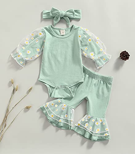 Baby Girls Bell Bottoms 3Pcs Daisy Outfits Mesh Patchwork Playsuit Flared Pants Headband (Green, 6-12 Months)