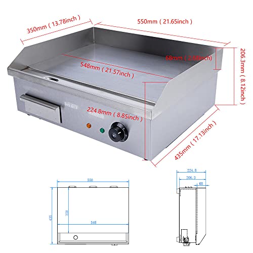 3000W Commercial Griddle,22"x14”Electric Griddles Grill,Commercial Flat Top Griddle Countertop Griddle Hot Plate BBQ Kitchen Stainless Steel Restaurant Grill Griddle Temperature Control 50°F-300°F