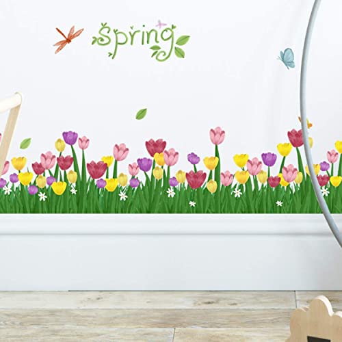 Spring Tulip Wall Decals Flower Grass Wall Stickers Removable DIY Peel and Stick Art Murals for Classroom Bedroom Girls Room Living Room Hallway Kitchen Bathroom Home Decor (Tulip)
