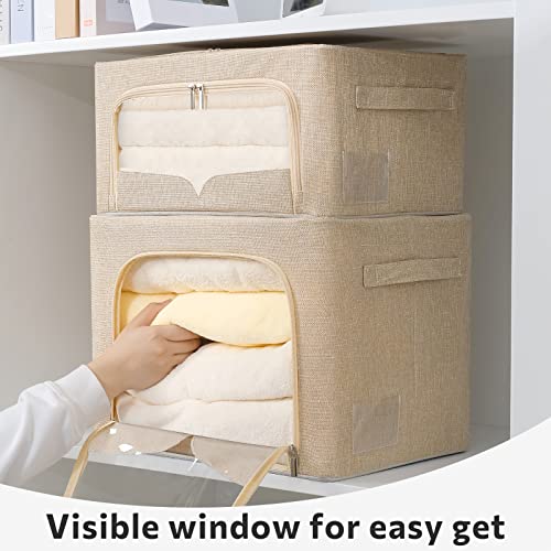 3 Pack Clothes Storage Bins - Foldable Metal Frame Storage Box - Stackable Linen Fabric Organizer Set with Carrying Handles and Clear Window (Beige, 15.7x11.8x11.8inch(36L))