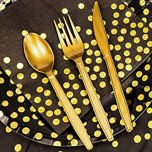 176 Pieces Gold Disposable Party Dinnerware Set &Golden Dot Disposable Party Dinnerware - Black Paper Plates Napkins Cups, Gold Plastic Forks Knives Spoons (25 Guests,176 Pieces)