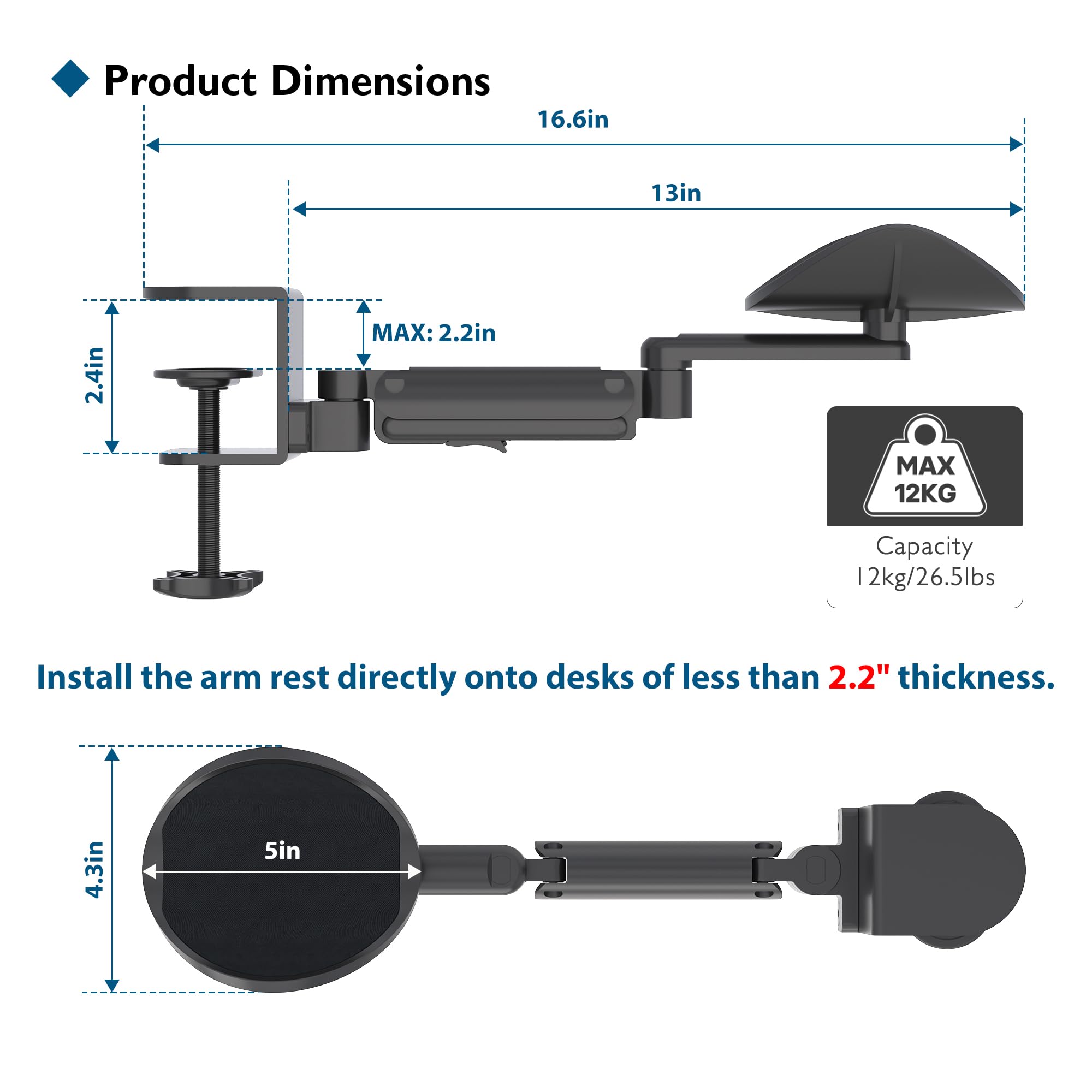 BONTEC Arm Rest Support Extender for Desk Armrest Pad Rotating Elbow Rest Holder (Black), Extendable & Adjustable, Aluminum Material