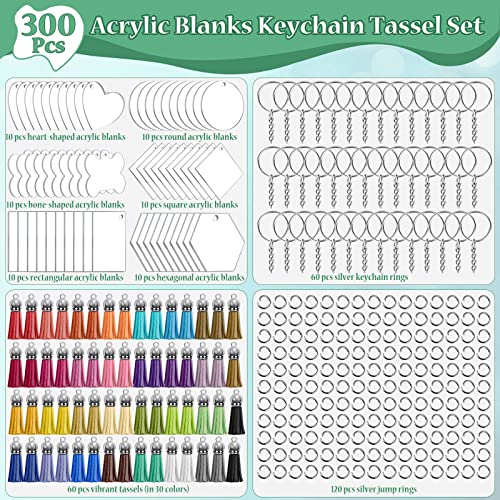 300 PCS Clear Acrylic Keychain Blanks, 6 Shapes Wholesale Acrylic Blanks Leather Tassel Charms Key Chains Jump Rings for Vinyl Resin DIY Crafts Ornament Engrave (Round Heart Square Rectangle Bone)