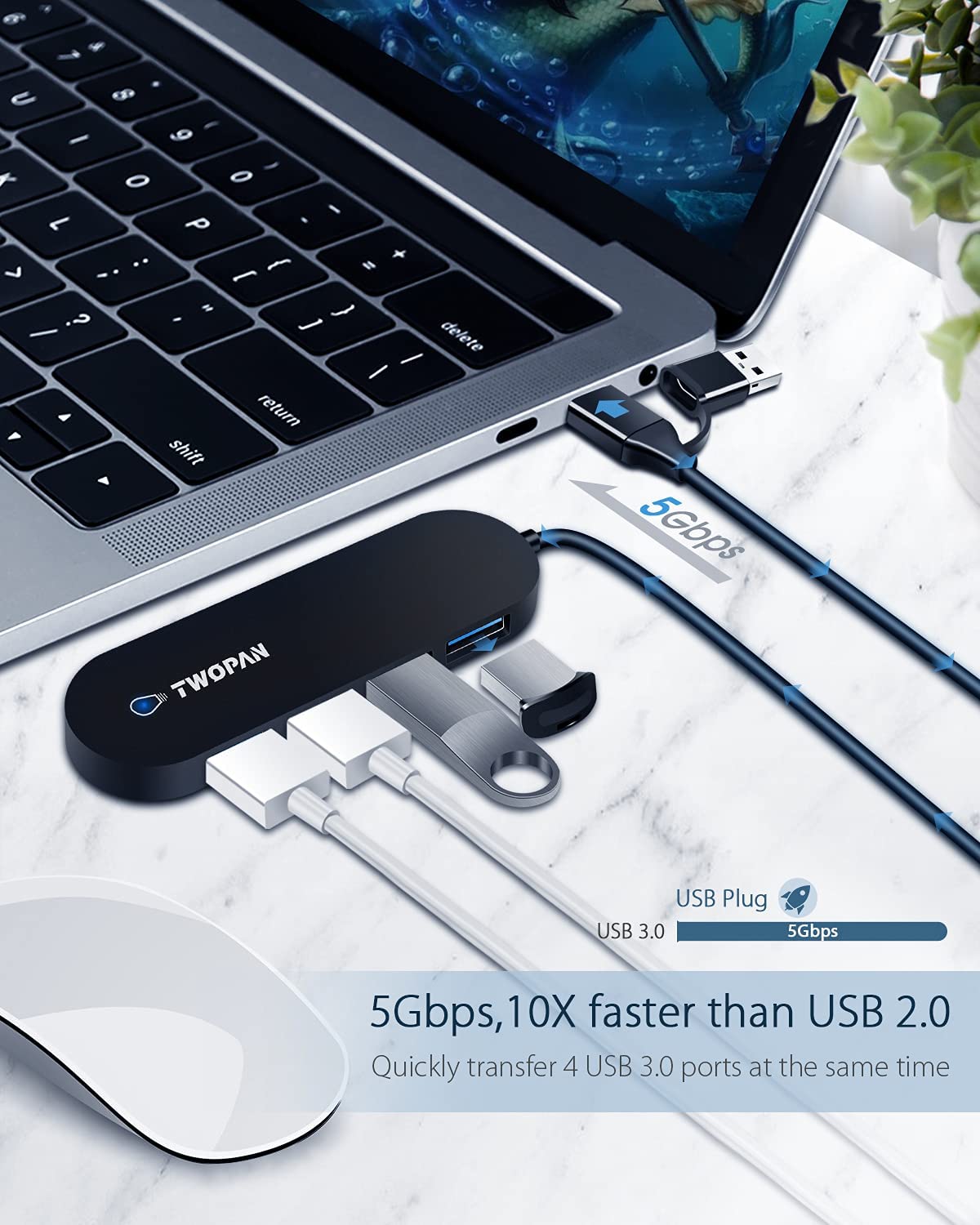 TWOPAN 4 Port USB C Hub with 4 ft Extended Cable, Ultra Slim USB 3.0 Hub for Laptop, High Speed USB Port Splitter for iMac, MacBook Pro/Air, Surface Pro, XPS, Desktop, Flash Drive, Mobile HDD, Printer