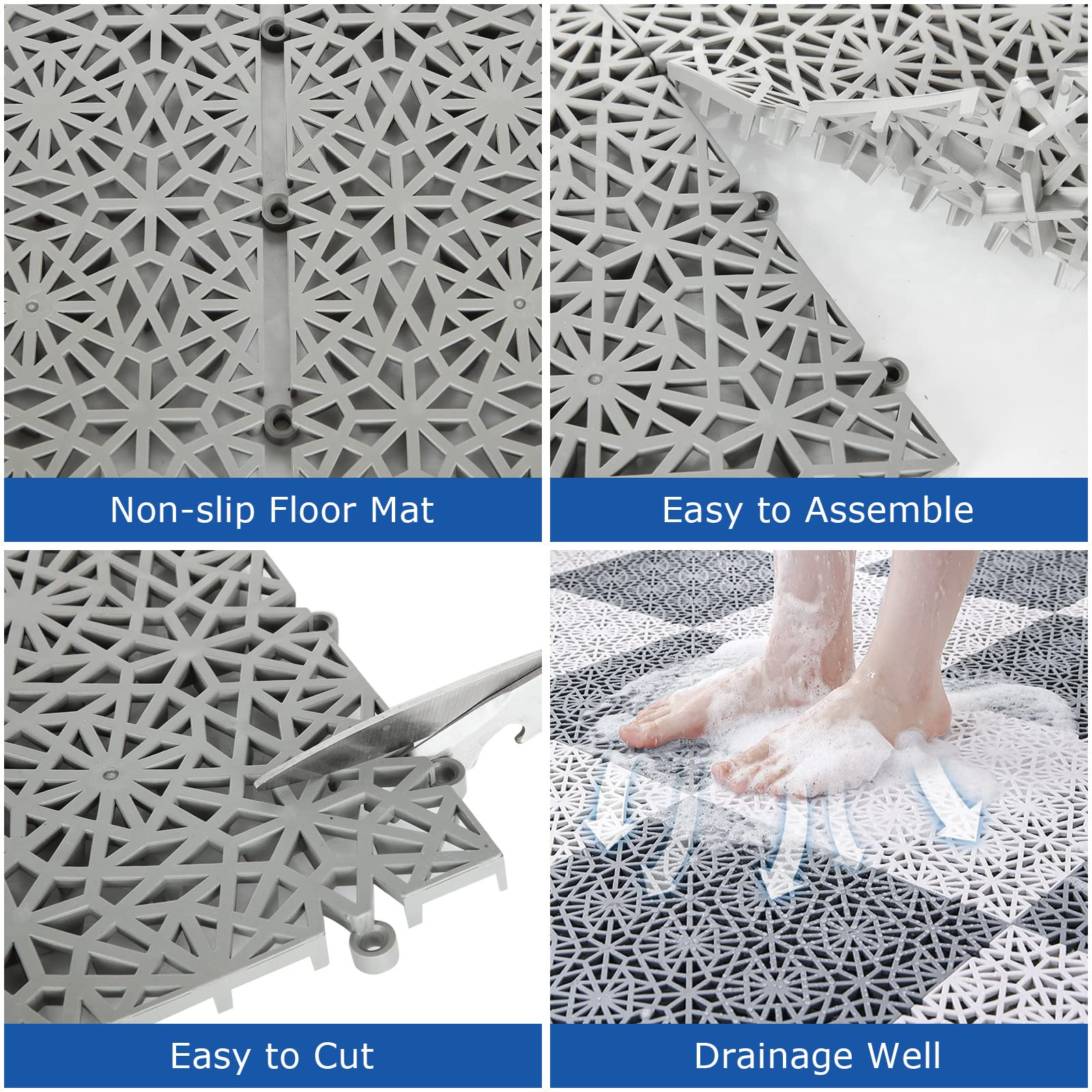 12 Pack 11.8" x 11.8" Interlocking Rubber Floor Tiles Non Slip Shower Floor Tiles Drainage Mat Splicing Outdoor Modular Interlocking Cushion Mat for Drain Pool, Deck, Deck, Bath, Kennel, Basement