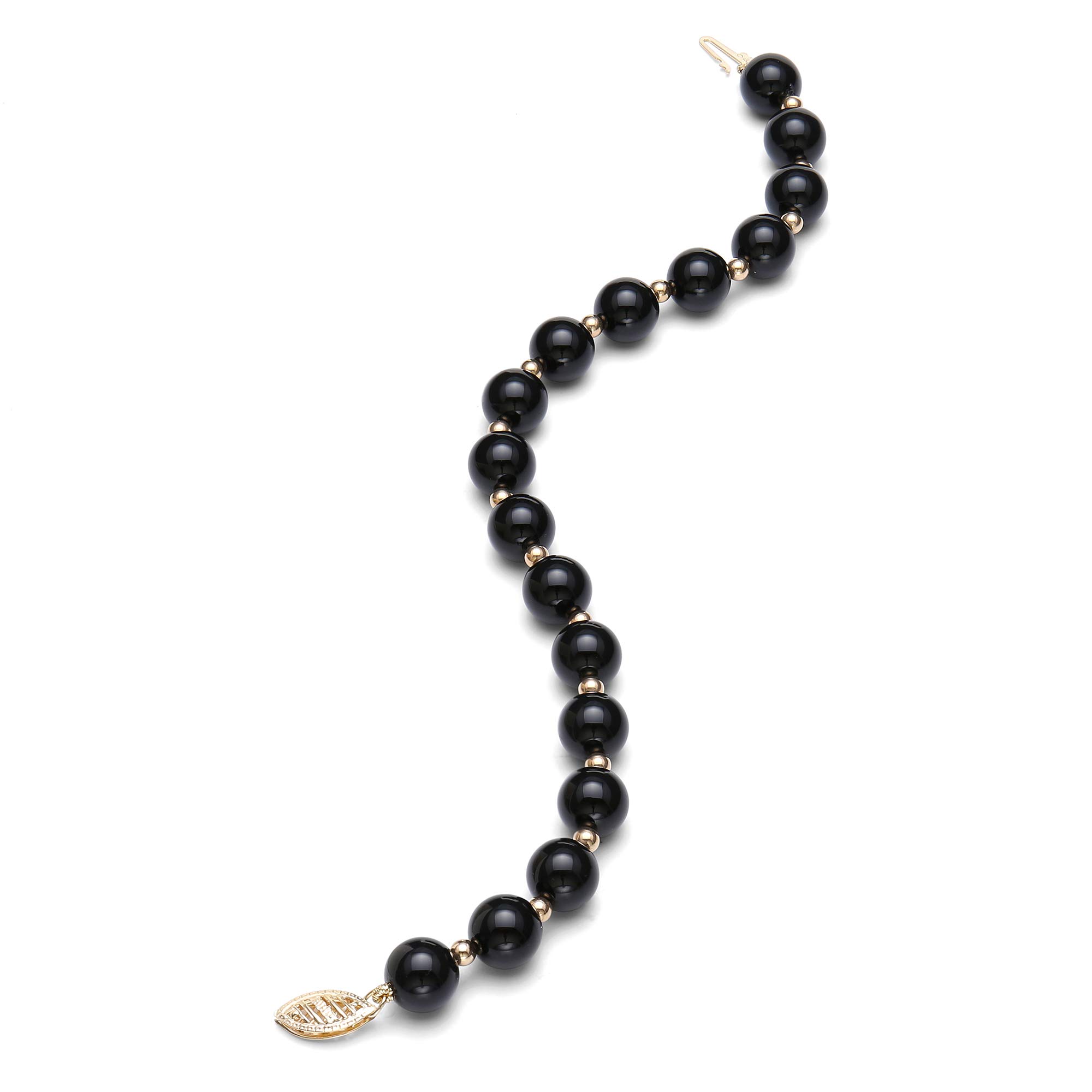 10k Yellow Gold Black Onyx Beaded Bracelet for Women, 7.5"