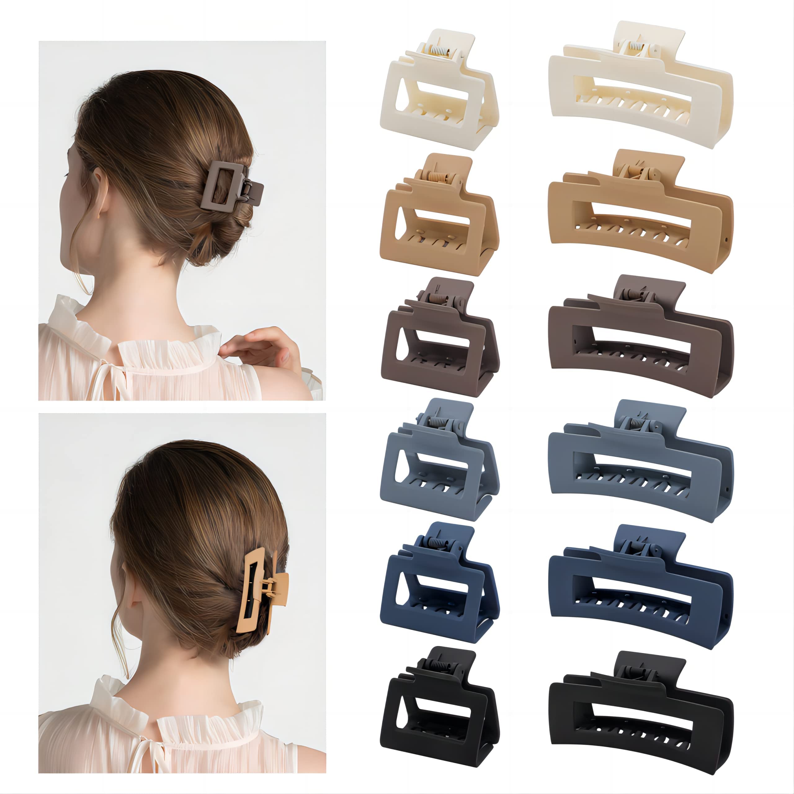 12 Pack Hair Clips,Large Rectangle For Women(4in),Medium Square Claw for Thin Hair(2in),Matte claw Thick Hair, Neutral Colors and Strong Hold Jaw clips.